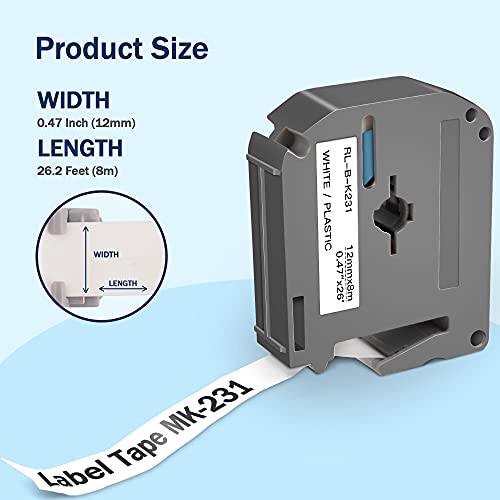 ISTAR Compatible Label Tape Replacement for Brother P-Touch M-K231 MK231 M231 M-K231S to use with Label Maker PT-M95 PT-90 PT80 PT70 PT-65, 0.47 Inch (12mm) x 26.2 Feet (8m), Black on White, 6-Pack