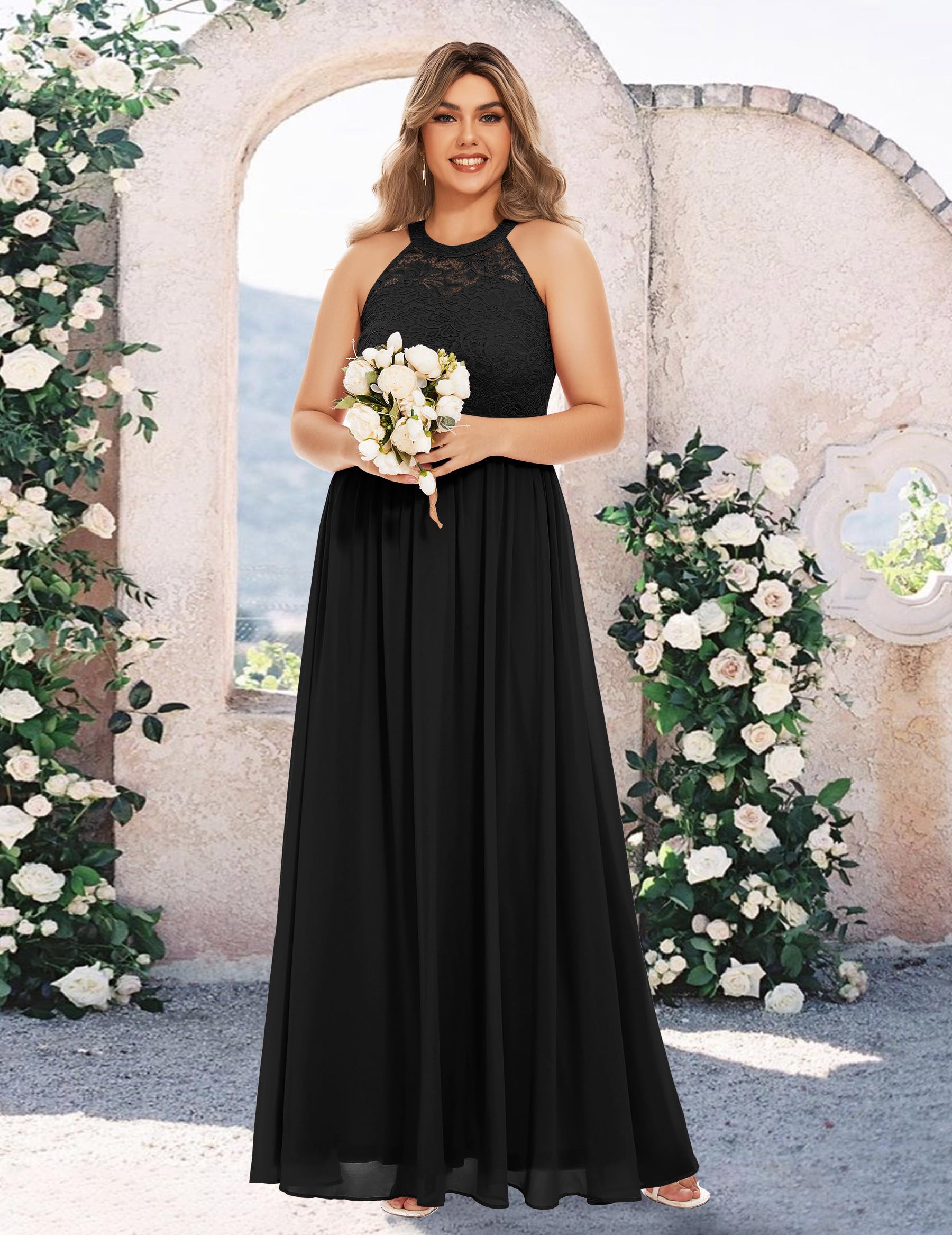 Wedtrend Halter Floral Lace Long Chiffon Wedding Bridesmaid Dress Cocktail Party Gown WT0201Black2XL