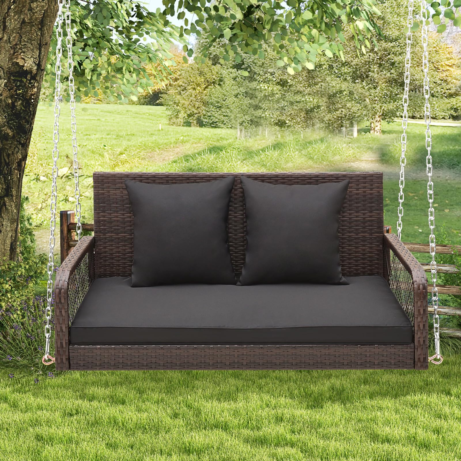 Tangkula Wicker Outdoor Porch Swing, 800 LBS Capacity Outdoor Swing Bench with Hanging Chains, Back and Seat Cushions, 2-Seater Hanging Patio Bench for Deck, Garden, Yard (Black)