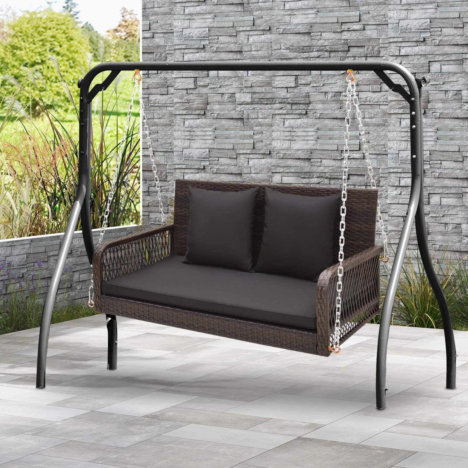 Tangkula Wicker Outdoor Porch Swing, 800 LBS Capacity Outdoor Swing Bench with Hanging Chains, Back and Seat Cushions, 2-Seater Hanging Patio Bench for Deck, Garden, Yard (Black)