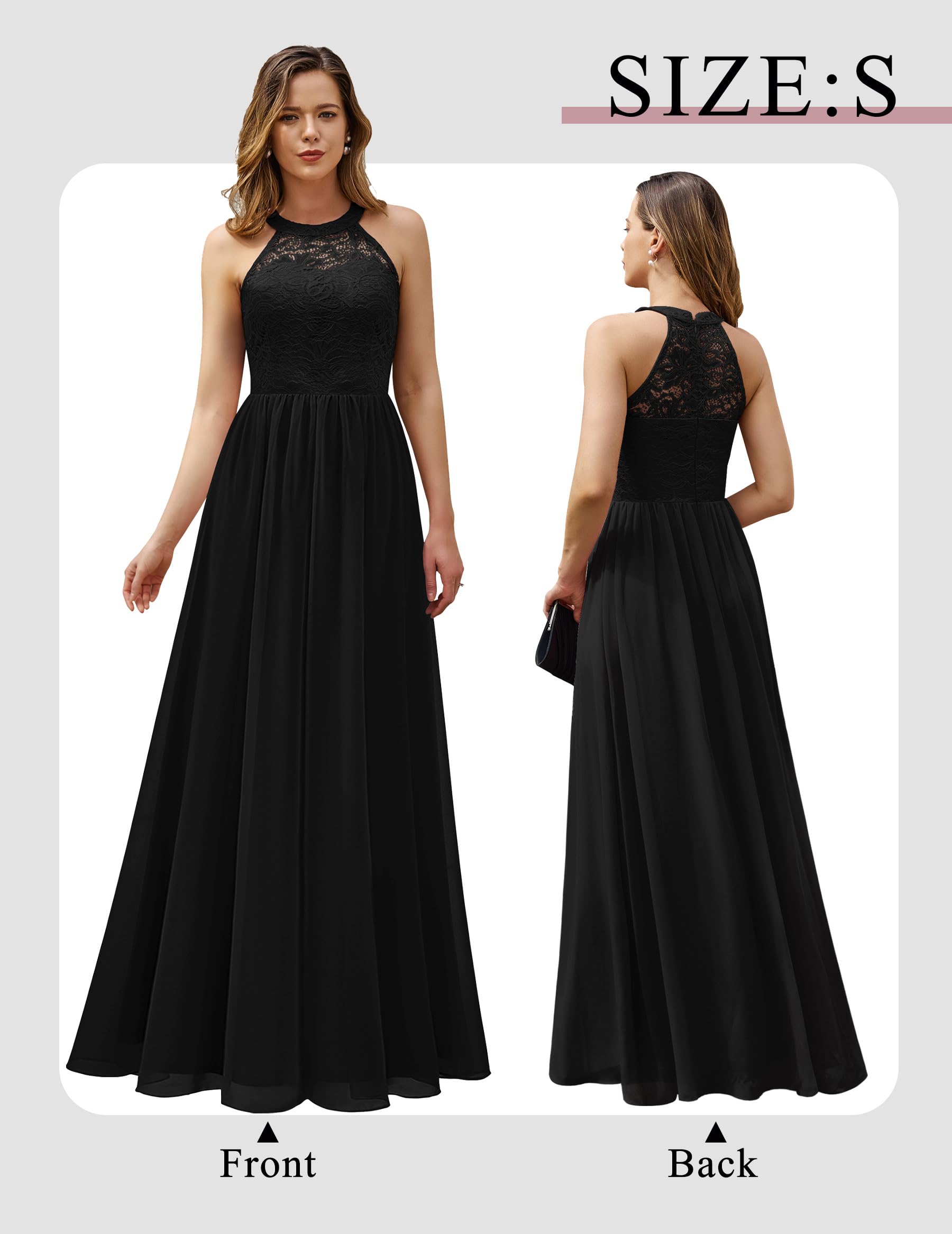 Wedtrend Halter Floral Lace Long Chiffon Wedding Bridesmaid Dress Cocktail Party Gown WT0201Black2XL
