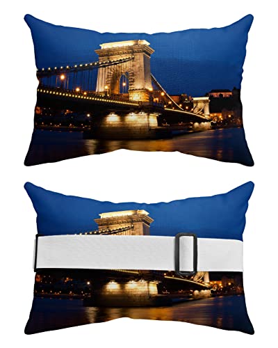 Prime Leader Recliner Head Pillow Ledge Loungers Chair Pillows with Insert Modern Dark Blue Sky Building Bridge Night Scene Lumbar Pillow with Adjustable Strap Outdoor Waterproof Patio Pillows, 2 PCS