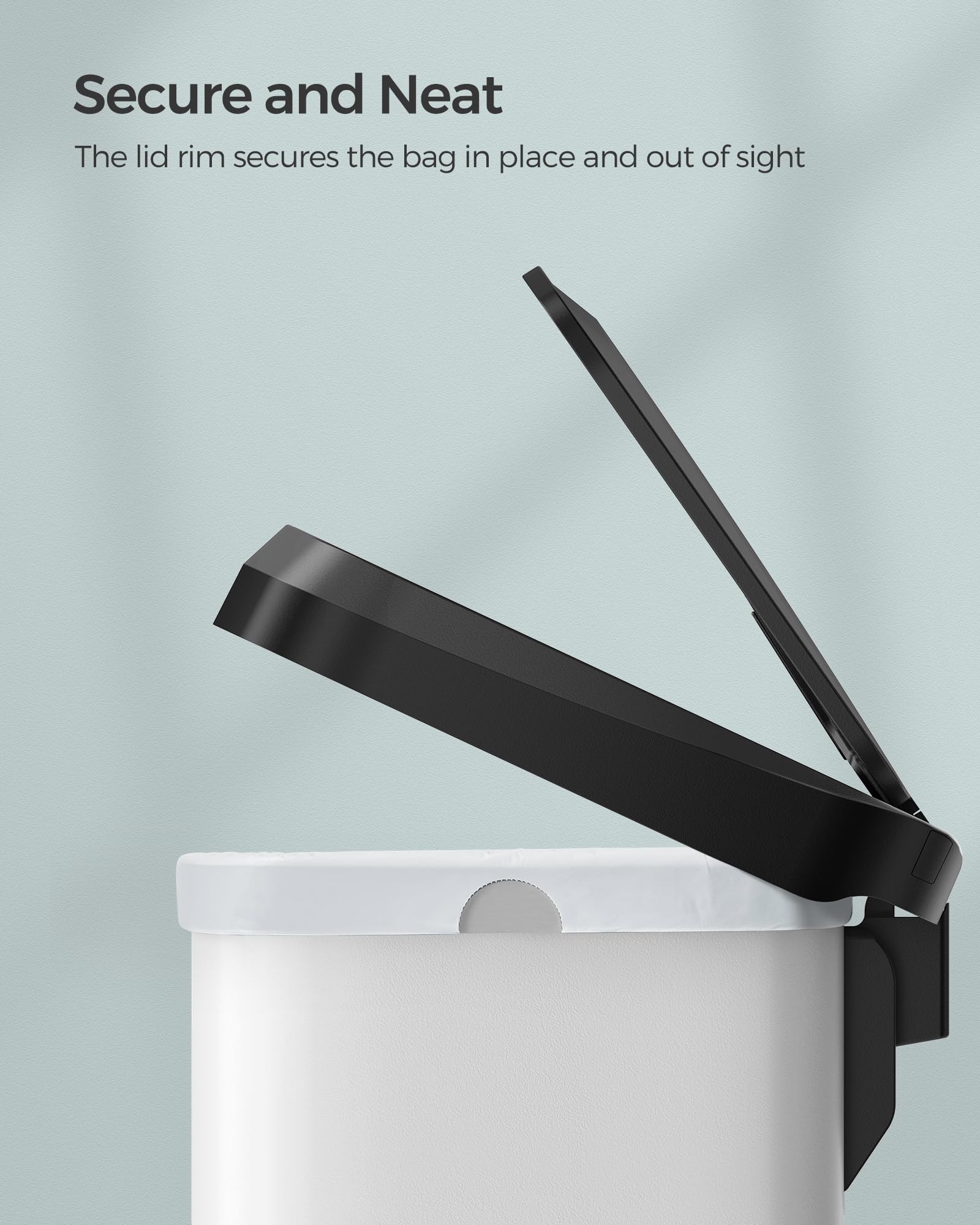 SONGMICS Kitchen Trash Can, 13 Gallon (50 L) Stainless Steel Garbage Can, with Stay-Open Lid and Step-on Pedal, Soft Closure, Tall, Large and Space-Saving, White and Black ULTB530W50