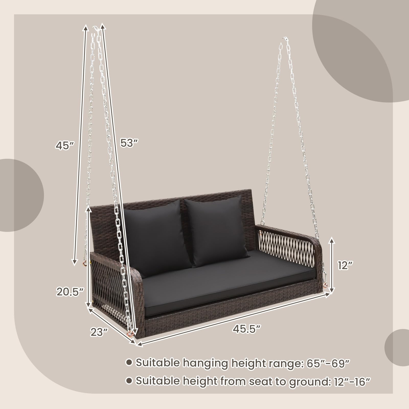 Tangkula Wicker Outdoor Porch Swing, 800 LBS Capacity Outdoor Swing Bench with Hanging Chains, Back and Seat Cushions, 2-Seater Hanging Patio Bench for Deck, Garden, Yard (Black)