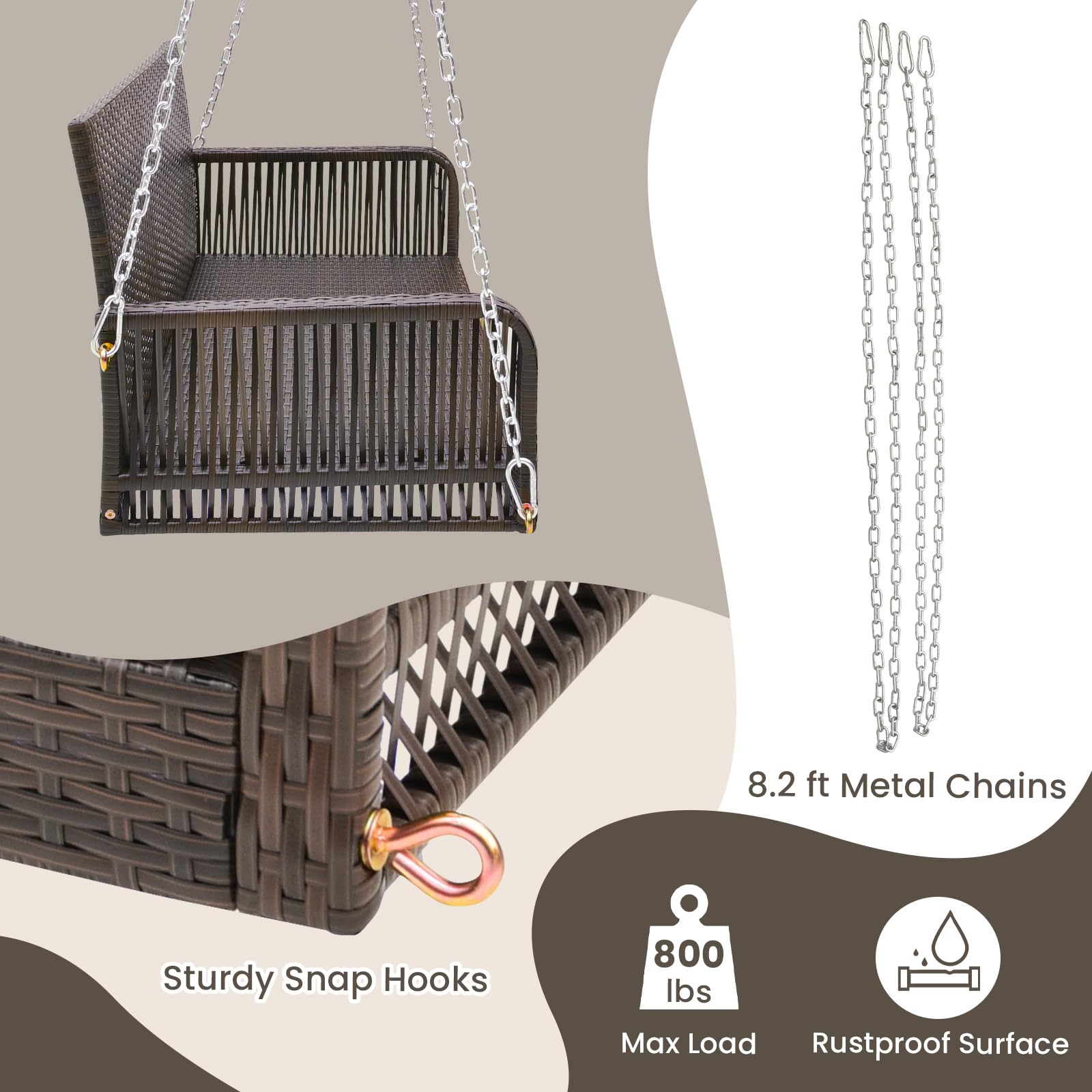 Tangkula Wicker Outdoor Porch Swing, 800 LBS Capacity Outdoor Swing Bench with Hanging Chains, Back and Seat Cushions, 2-Seater Hanging Patio Bench for Deck, Garden, Yard (Black)