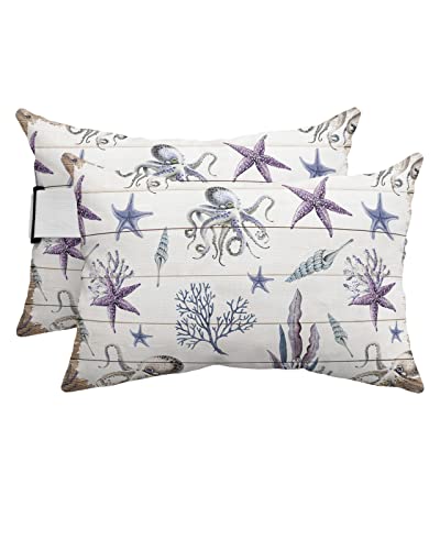 Prime Leader Recliner Head Pillow Ledge Loungers Chair Pillows with Insert Watercolor Sea Life Octopus Starfish Wood Grain Lumbar Pillow with Adjustable Strap Outdoor Waterproof Patio Pillows, 2 PCS