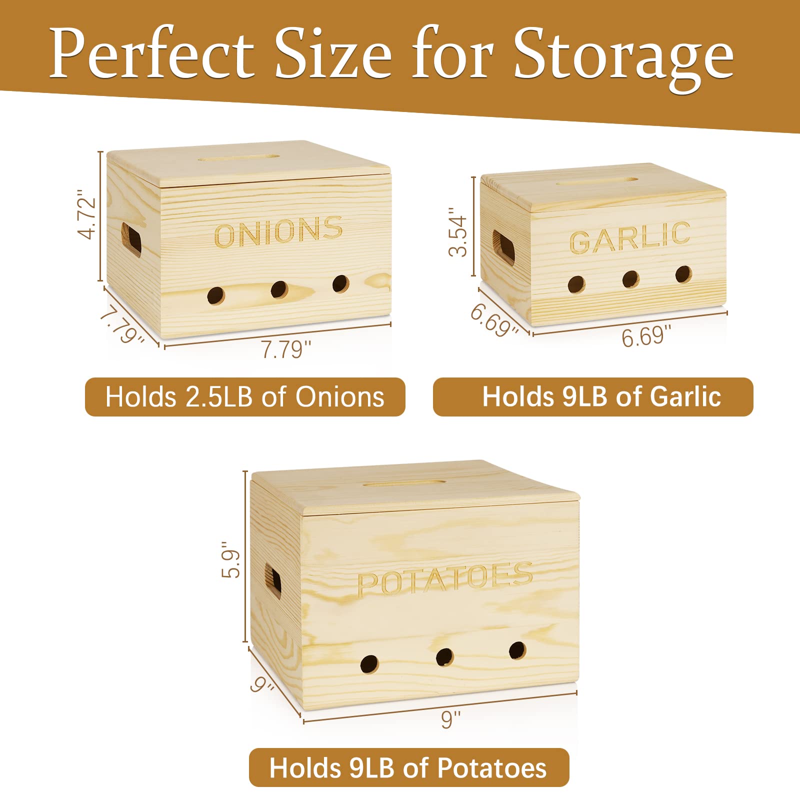 Edudif Potato and Onion Storage Bin Wooden Potato Storage Set of 3 Stackable Onion Storage with Aerating Storage Holes for Potato Onion Garlic Container