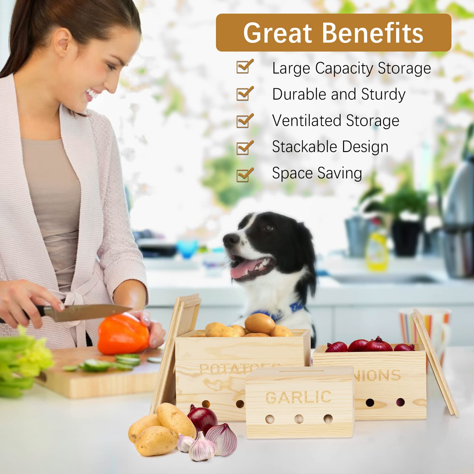 Edudif Potato and Onion Storage Bin Wooden Potato Storage Set of 3 Stackable Onion Storage with Aerating Storage Holes for Potato Onion Garlic Container