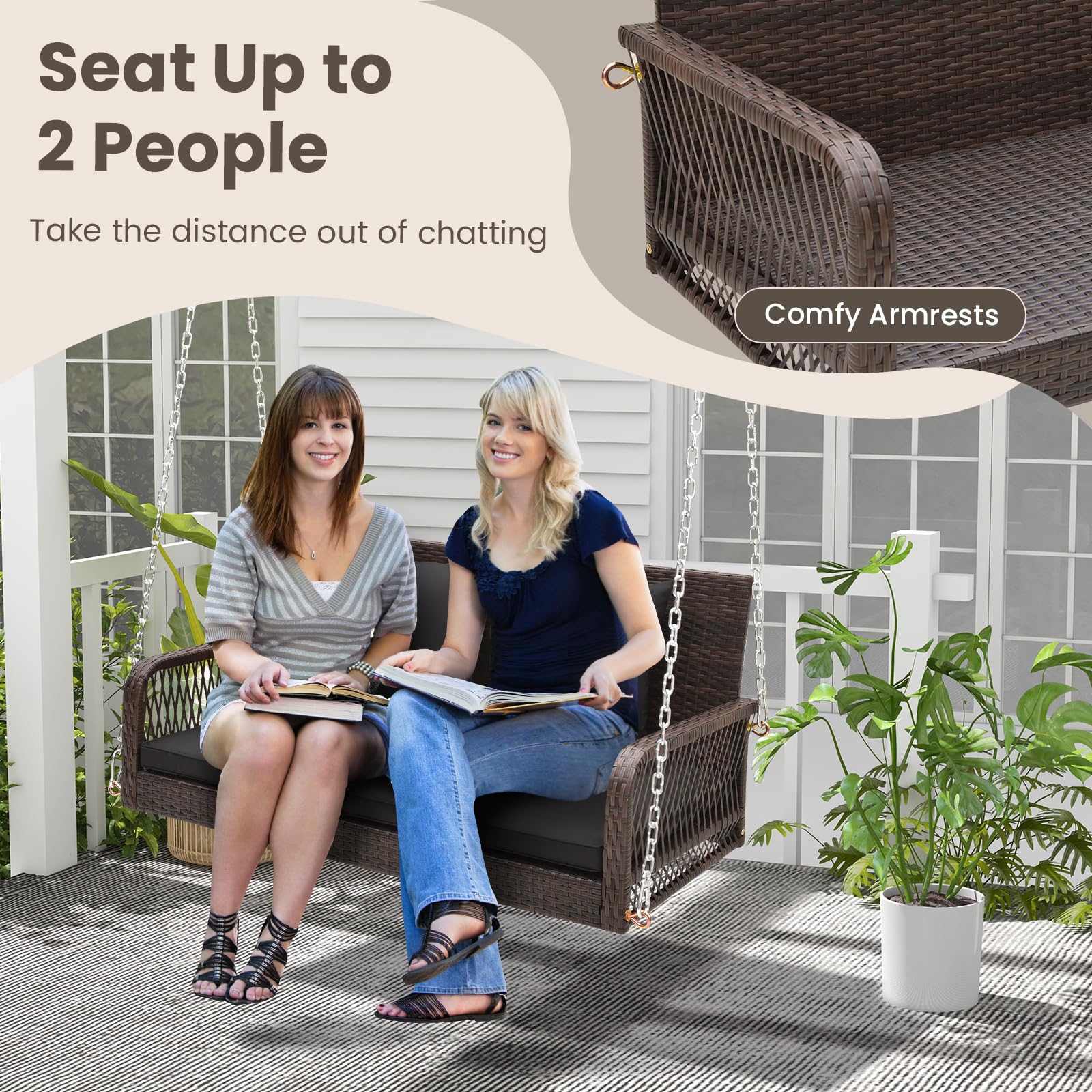 Tangkula Wicker Outdoor Porch Swing, 800 LBS Capacity Outdoor Swing Bench with Hanging Chains, Back and Seat Cushions, 2-Seater Hanging Patio Bench for Deck, Garden, Yard (Black)