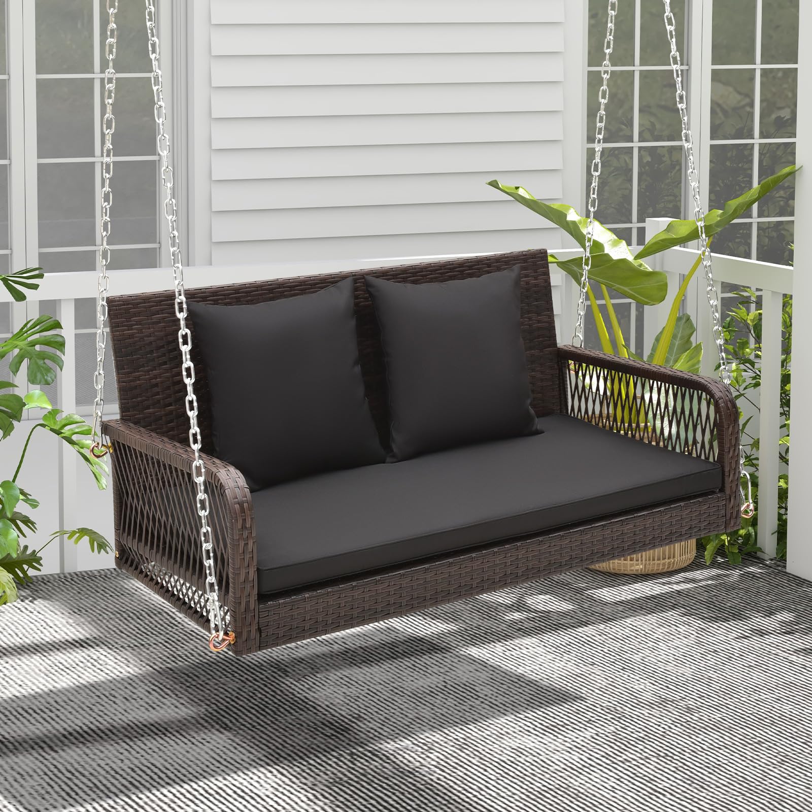 Tangkula Wicker Outdoor Porch Swing, 800 LBS Capacity Outdoor Swing Bench with Hanging Chains, Back and Seat Cushions, 2-Seater Hanging Patio Bench for Deck, Garden, Yard (Black)