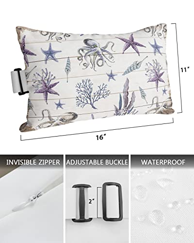 Prime Leader Recliner Head Pillow Ledge Loungers Chair Pillows with Insert Watercolor Sea Life Octopus Starfish Wood Grain Lumbar Pillow with Adjustable Strap Outdoor Waterproof Patio Pillows, 2 PCS