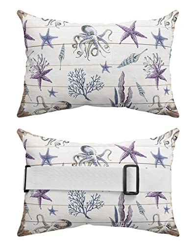 Prime Leader Recliner Head Pillow Ledge Loungers Chair Pillows with Insert Watercolor Sea Life Octopus Starfish Wood Grain Lumbar Pillow with Adjustable Strap Outdoor Waterproof Patio Pillows, 2 PCS