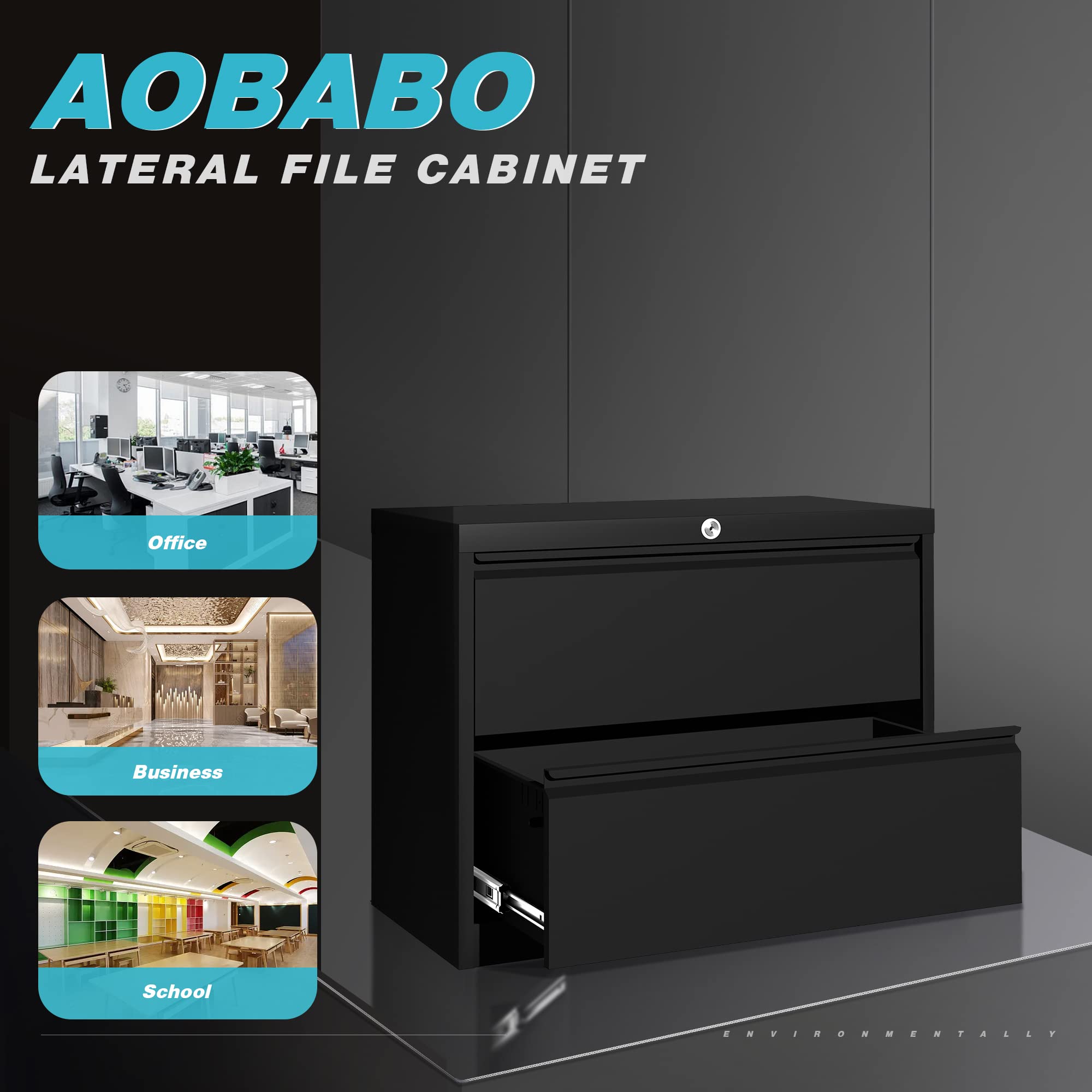 Aobabo Metal 2 Drawer Lateral File Cabinet with Lock,Large Deep Drawer with Adjustable File Bars for Office,Home,35.43 Inches Wide for Letter/Legal Size Drawer,Black,Assembly Required, (GM-DBKX-2DB2)
