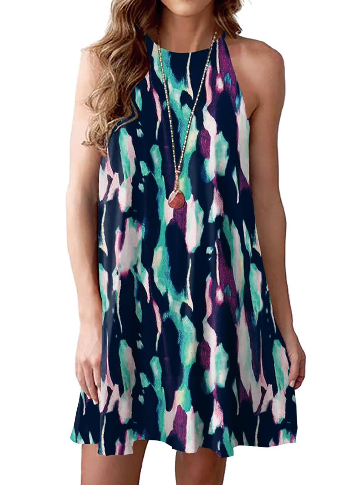 MITILLY Women's Halter Neck Boho Floral Print Loose Casual Sleeveless Short Dress Large Multicolor