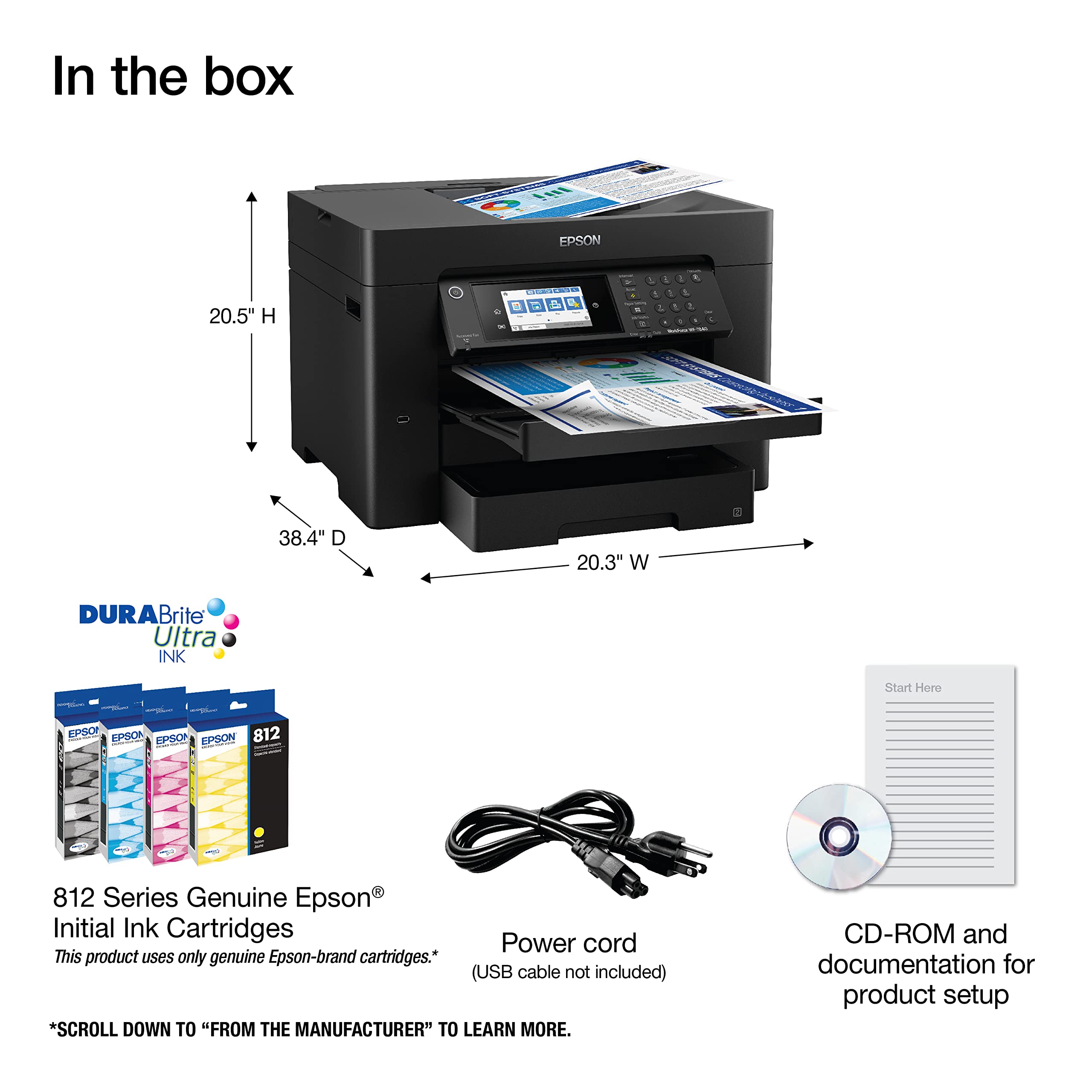 Epson Workforce Pro WF-7840 Wireless All-in-One Wide-Format Printer with Auto 2-Sided Print up to 13" x 19", 50-Page ADF, 500-sheet Paper Capacity. Full 1-Year Limited Warranty (Renewed)