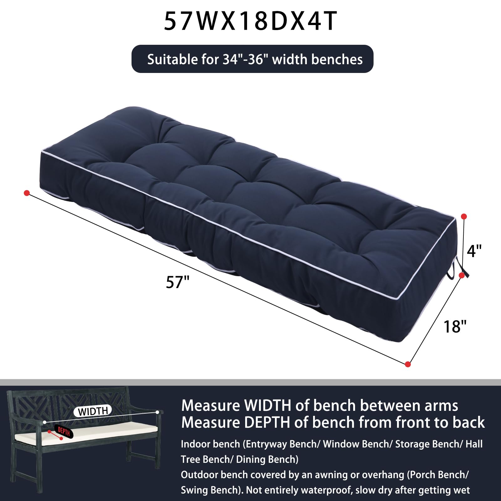 Maphissus 3 Seat 57 Inches Outdoor Porch Swing Cushions,Water-Resistant Tufted Patio Swing Replacement Cushions