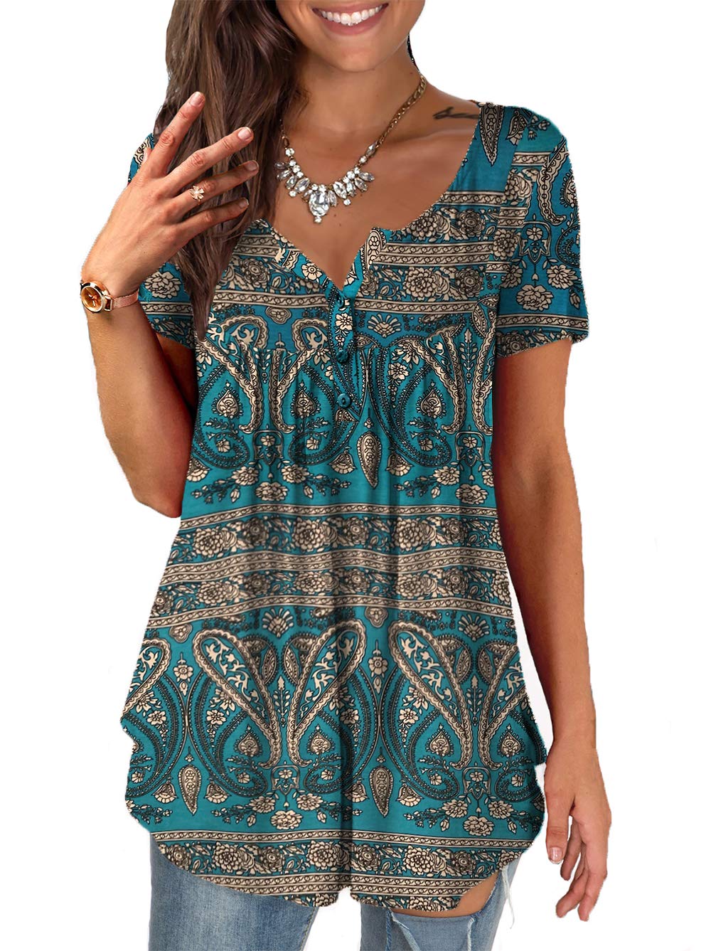 a.Jesdani Ladies Tops Long Shirts Green Blouses Tunics for Women Henley Shirt L