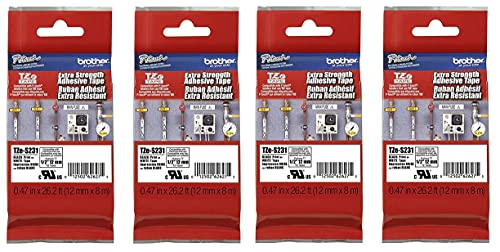 Brother Genuine P-Touch 4-Pack TZe-S231 Laminated Tape, Black Print on White Extra Strength Adhesive Laminated Tape for P-Touch Label Makers, Each Roll is 0.47"/12mm (~ 1/2") Wide, 26.2 ft. (8M) Long