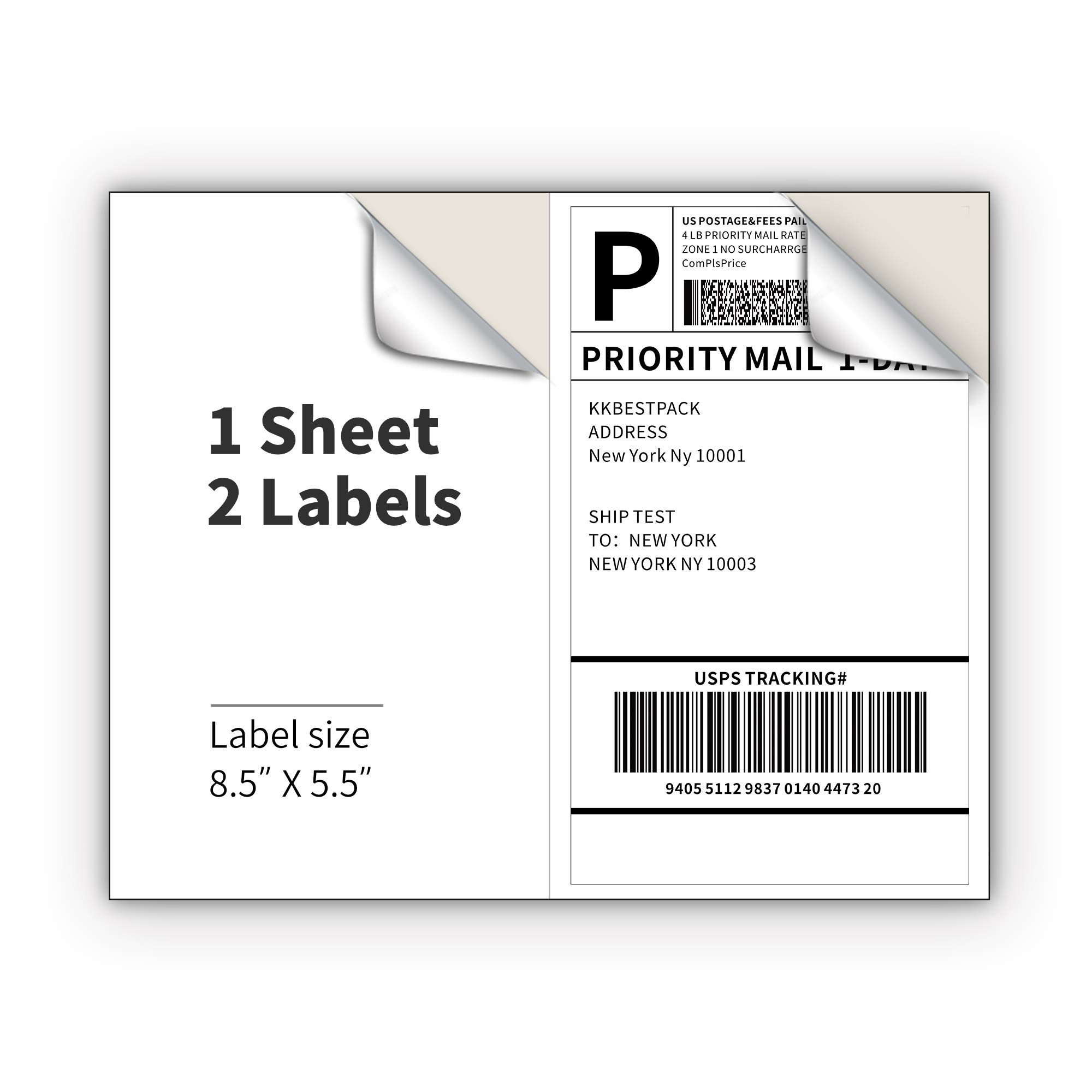 KKBESTPACK Half Sheet Shipping Labels for Laser and Inkjet Printers – 2 Per Page Self Adhesive Mailing Labels – White 8.5 x 5.5 (200 Labels) (2LP)
