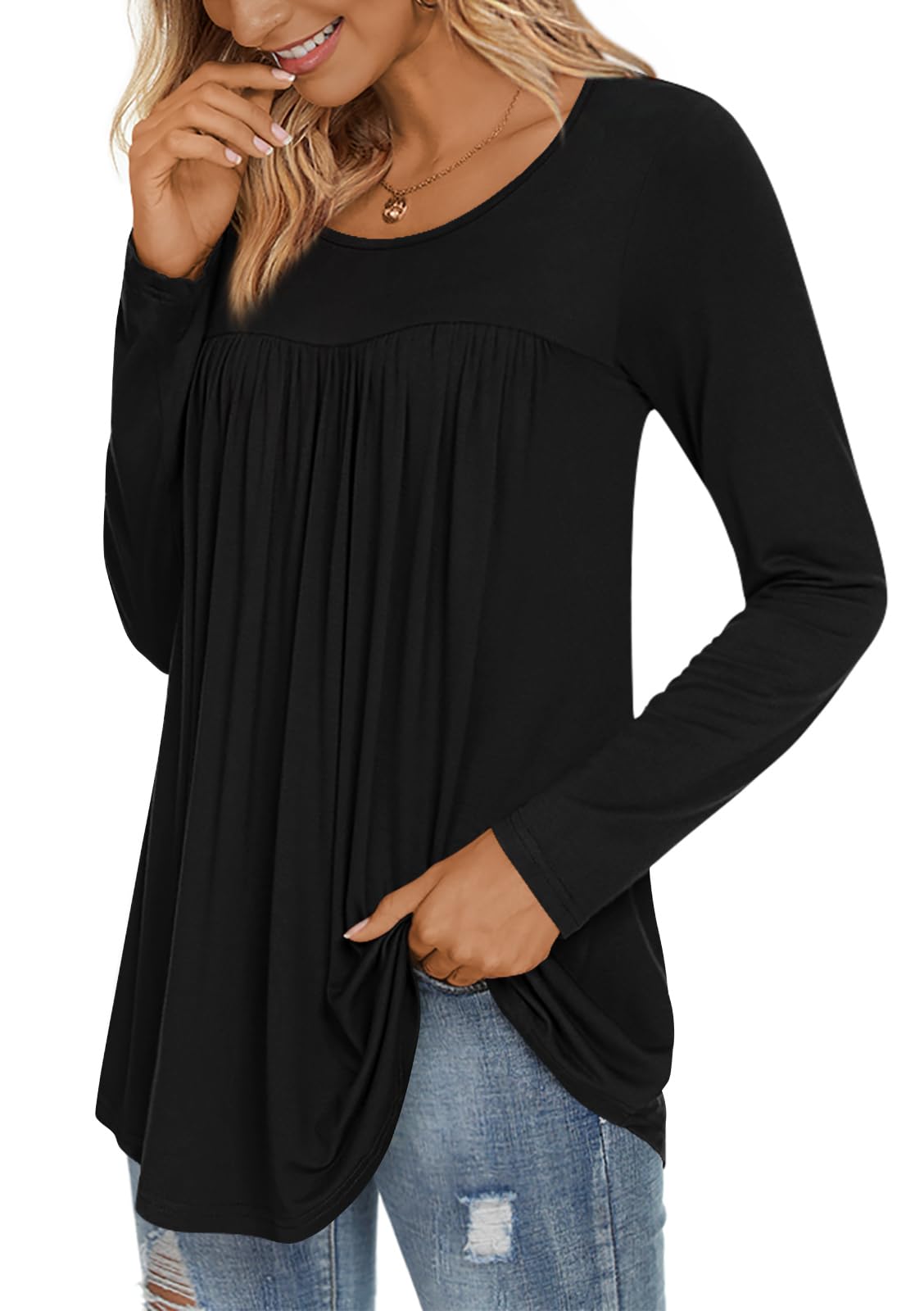 LONGYUAN Women's Long Sleeve Tunic Loose Fitting Tops 2025 Fall Casual Blouse Cute Tshirt Black X-Large