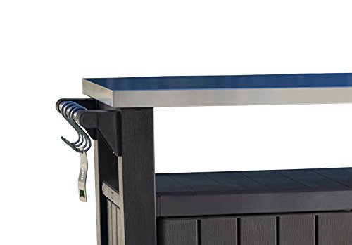 Keter Unity XL Portable Outdoor Table and Storage Cabinet w/ Accessory Hooks, Stainless Steel Top for Patio Kitchen Island or Bar Cart, Espresso Brown
