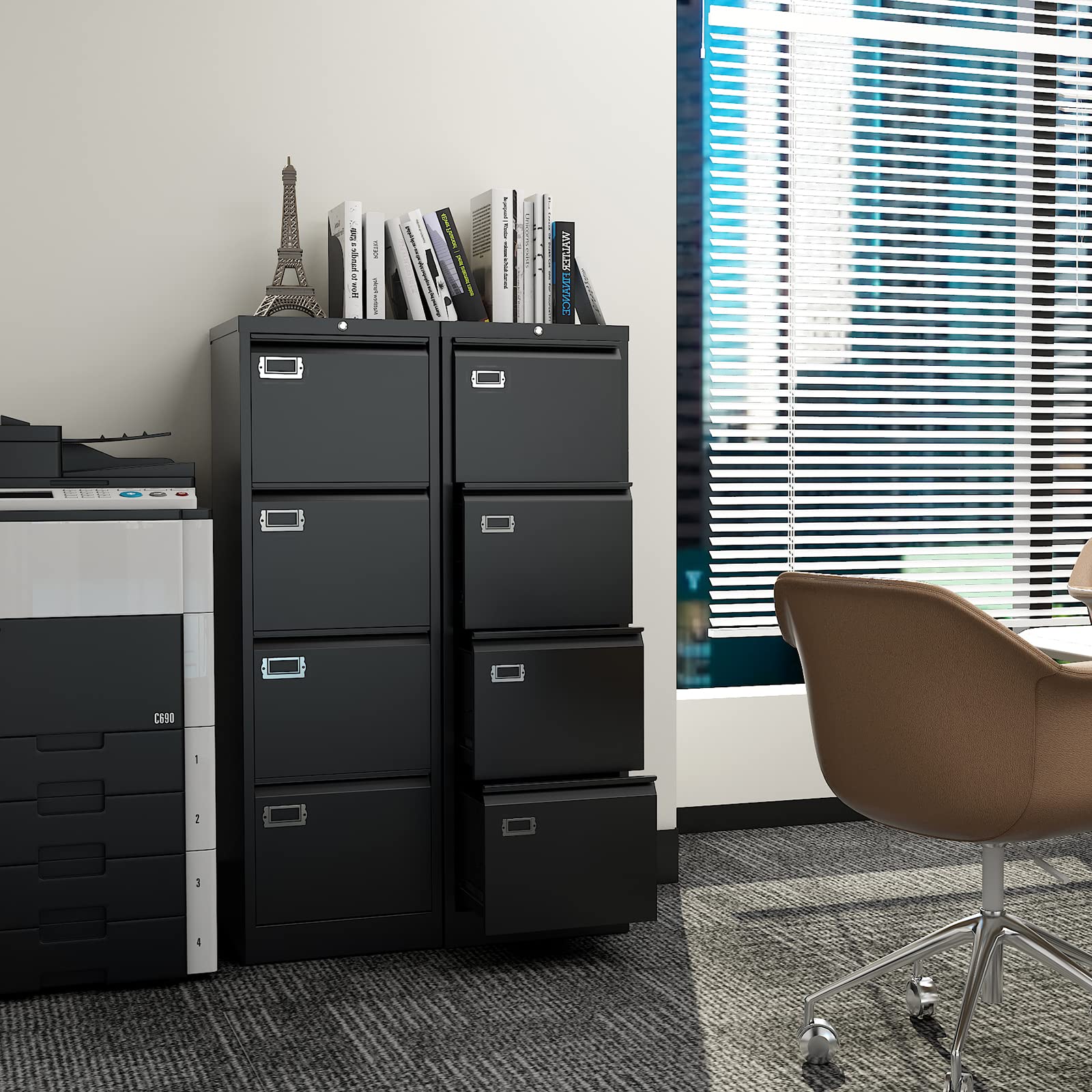 BYNSOE 4 Drawer File Cabinet with Lock Metal Vertical File Cabinet Office Home Vertical File Cabinet for A4 Legal/Letter Size Narrow File Cabinet Locked,Assembly Required (Black, 4 Drawers- Vertical)