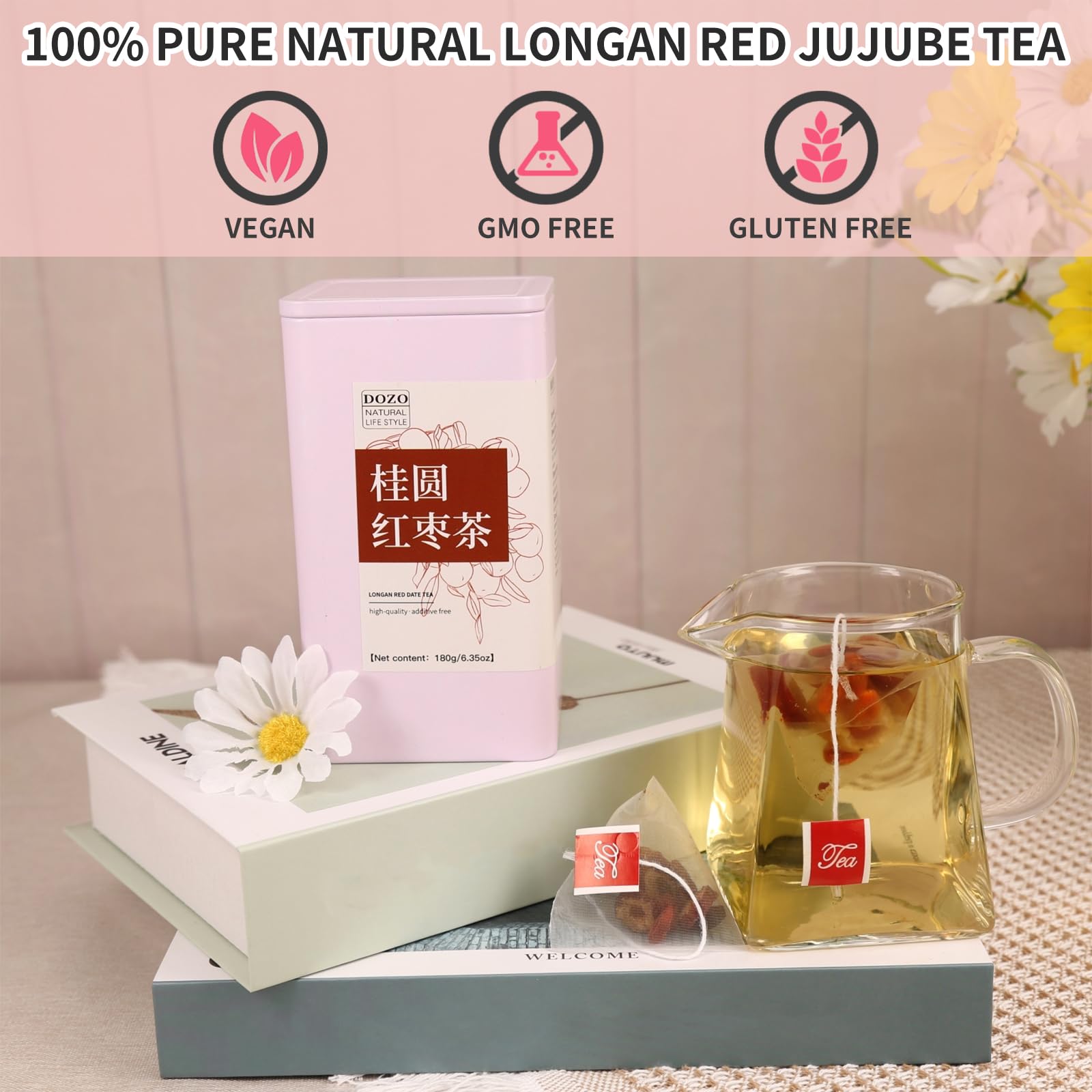 DOZO Longan Red Jujube Tea Bags 6.34oz/180g(25bag) Red Date Longan Goji Berry Fruit Tea Dried Longan Wolfberry Replenish Qi Women's Five Treasures Tea Combination Fruit Tea 桂圆枸杞红枣茶 水果茶