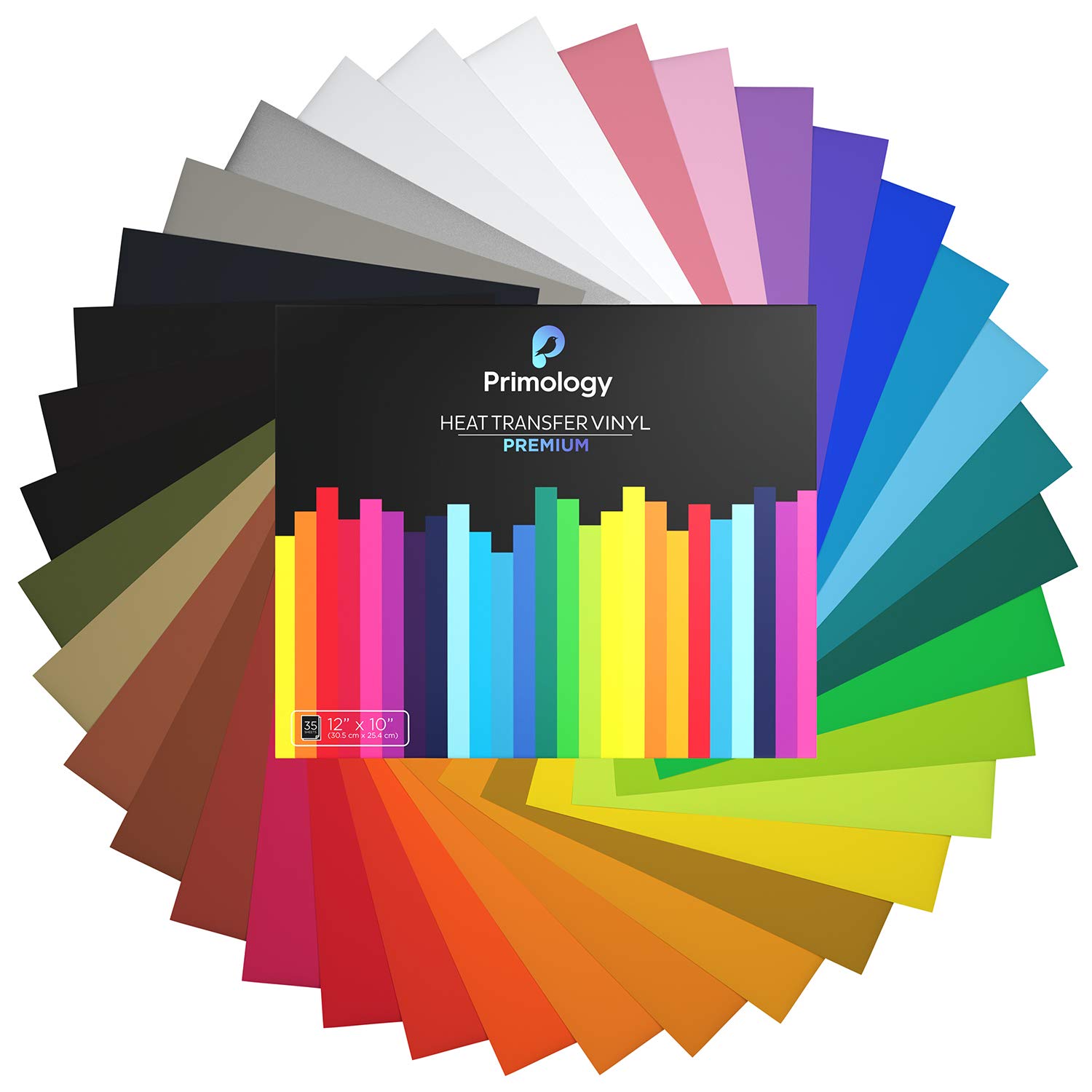 Primology Heat Transfer Vinyl: 35 Pack 12" x 10" Premium Iron On Vinyl, HTV Vinyl for T-Shirts - 31 Assorted Colors - Black, White, Gold, Neon for Cricut, Silhouette Cameo, Heat Press Machine