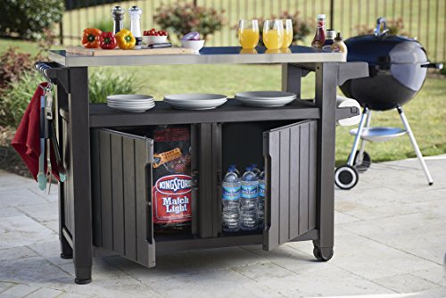 Keter Unity XL Portable Outdoor Table and Storage Cabinet w/ Accessory Hooks, Stainless Steel Top for Patio Kitchen Island or Bar Cart, Espresso Brown