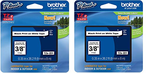 Brother Genuine P-Touch 2-Pack TZe-221 Laminated Tape, Black Print on White Standard Adhesive Laminated Tape for P-Touch Label Makers, Each Roll is 0.35"/9mm (~ 3/8") Wide, 26.2 (8M) Long