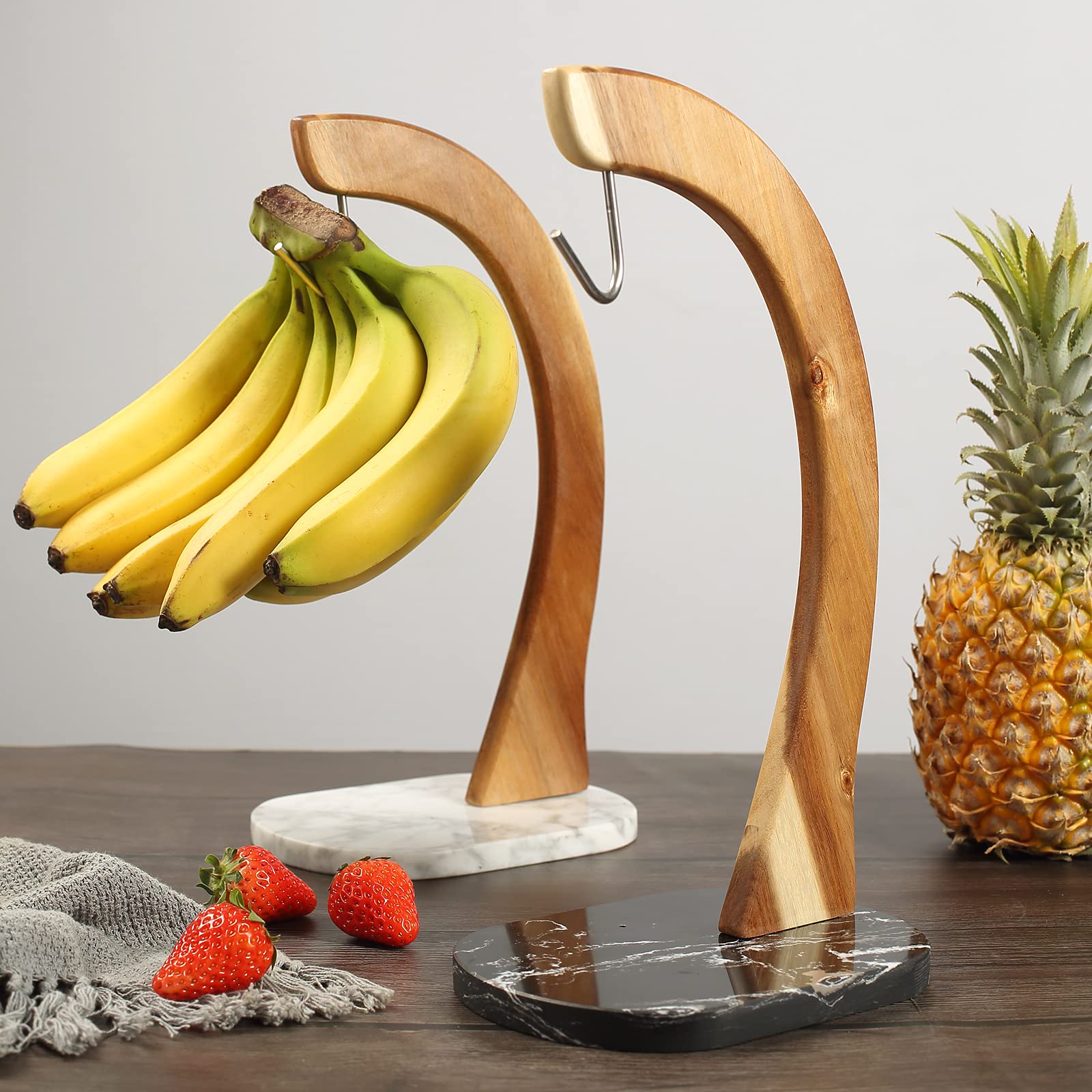 everous Banana Hanger Marble Base,Modern Banana Holder Tree Stand with Hook for Home or Bar (Black)
