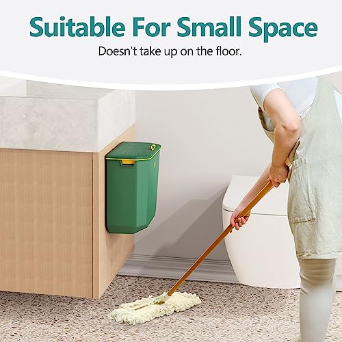 WOA WOA 2.4 Gallon Hanging Trash Can for Kitchen, Small Garbage Bin with Lid for Bathroom Bedroom, Mountable Cabinet Compost Bin Under Sink, Wall Mounted Waste Bucket - Green