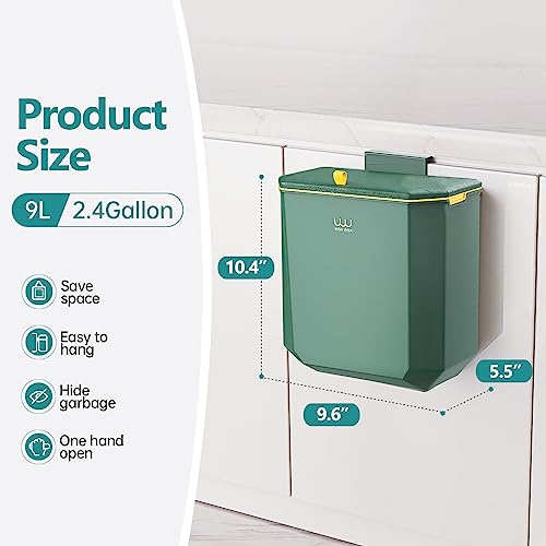 WOA WOA 2.4 Gallon Hanging Trash Can for Kitchen, Small Garbage Bin with Lid for Bathroom Bedroom, Mountable Cabinet Compost Bin Under Sink, Wall Mounted Waste Bucket - Green
