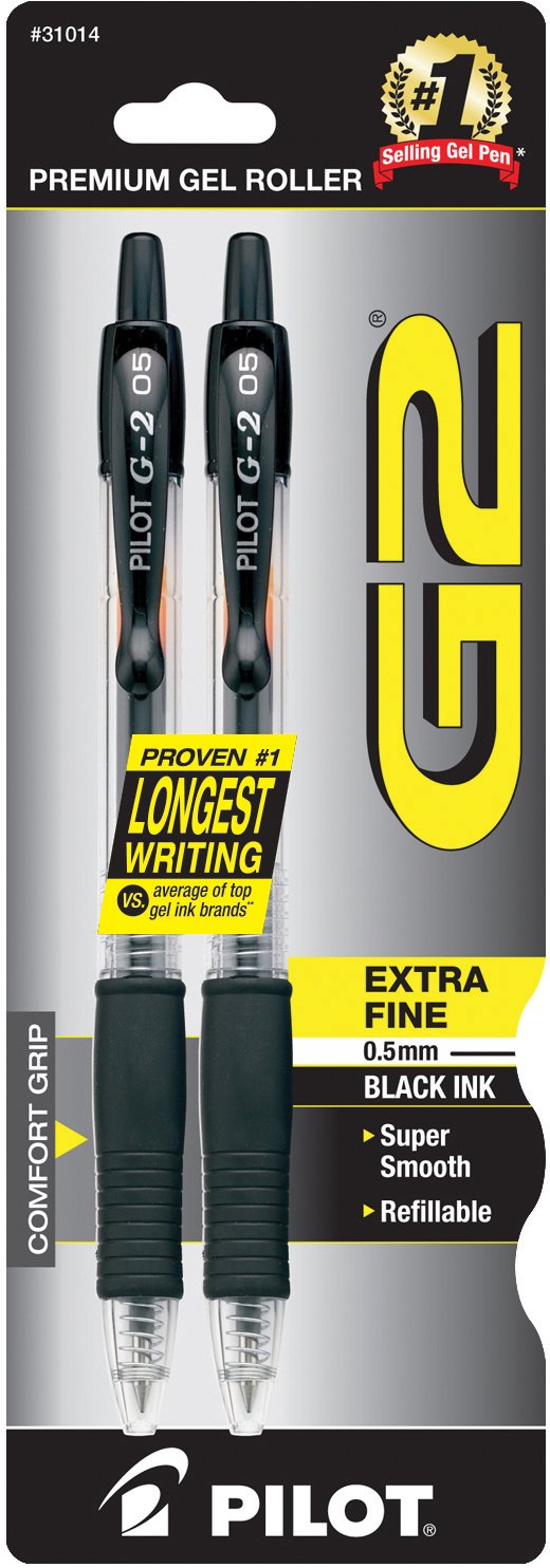 PILOT G2 Premium Refillable & Retractable Rolling Ball Gel Pens, Extra Fine Point, Black Ink, 2-Pack (31014)