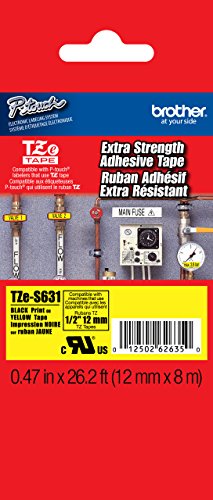 Brother 1/2" (12mm) Black Print on Yellow Extra Strength Adhesive P-touch Tape for Brother PT-1290, PT1290 Label Maker
