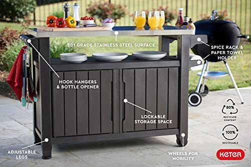 Keter Unity XL Portable Outdoor Table and Storage Cabinet w/ Accessory Hooks, Stainless Steel Top for Patio Kitchen Island or Bar Cart, Espresso Brown