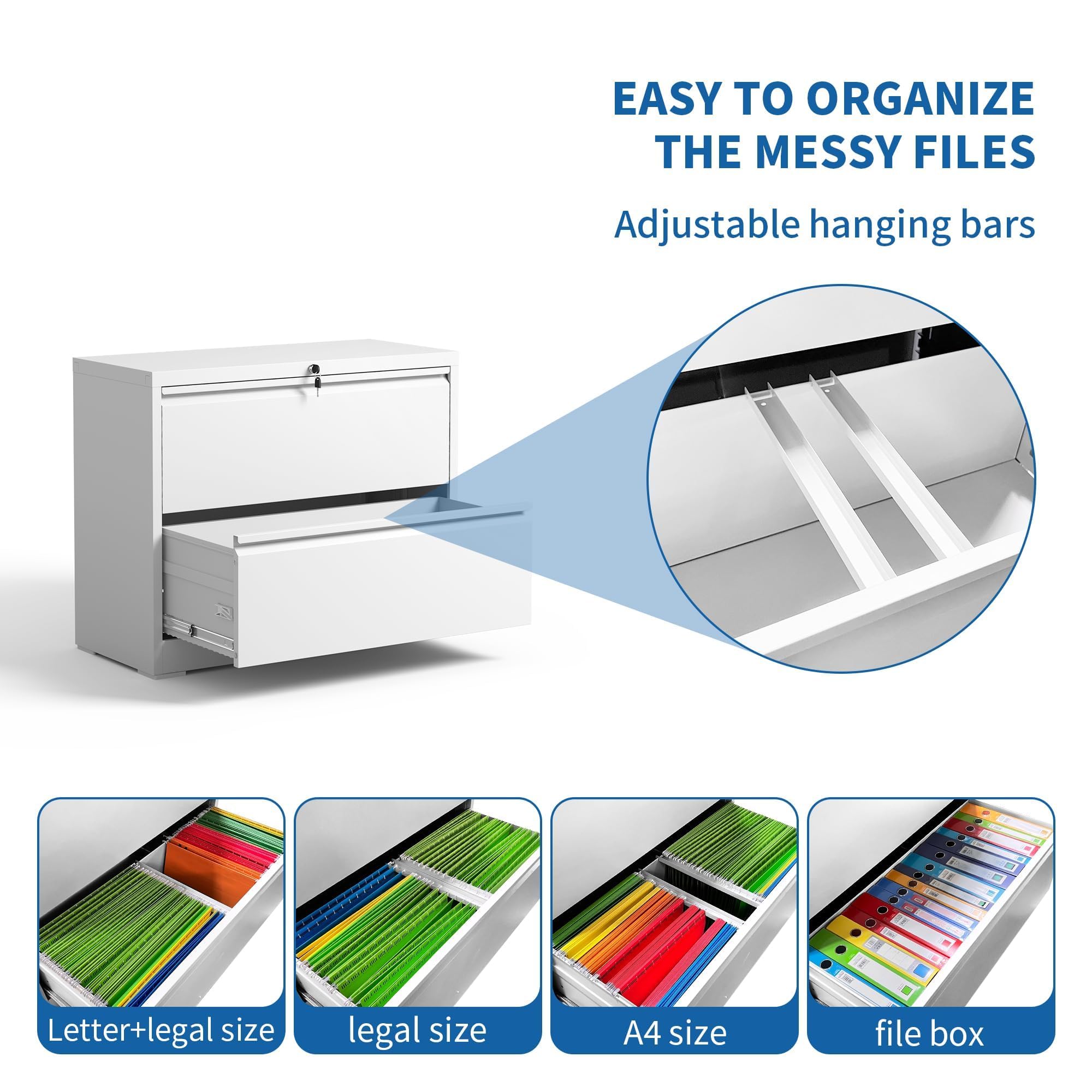 Yukimo Lateral File Cabinet with Lock, Metal File Cabinets for Home Office Legal/Letter A4 Size, File Cabinet with 2 Drawer Storage Cabinet, White