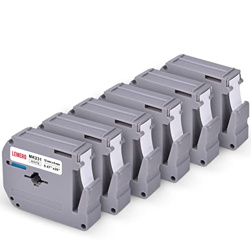 LEMERO Compatible with Brother M Tape M-K231 M231 MK231 M-K231s 12mm x 8 Meter White Label Tape - for Brother PT-65 PT-70 PT-80 PT-90 PT-45M 26.2 Feet Black on White (6 Pack)