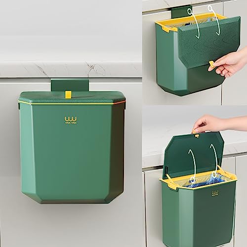 WOA WOA 2.4 Gallon Hanging Trash Can for Kitchen, Small Garbage Bin with Lid for Bathroom Bedroom, Mountable Cabinet Compost Bin Under Sink, Wall Mounted Waste Bucket - Green