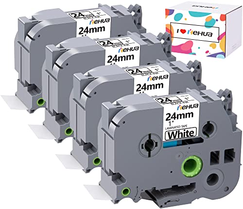 Hehua 24mm 0.94 Laminated White Tape Compatible for Brother P-Touch Label Maker Tapes TZe-251 TZe251 TZ-251 TZ251 for Ptouch Label Machine PTD600 PTD600vp, Black on White Tape, Water Resistant, 4-Pack