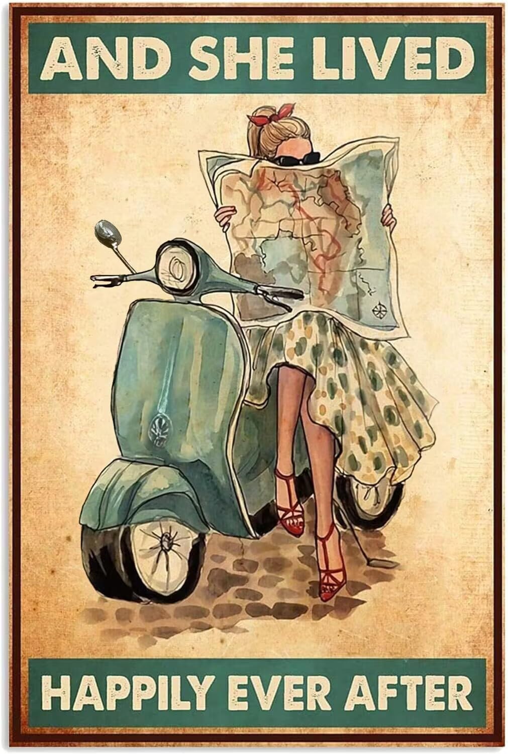and She Lived Happily Ever After Motorbike Vespa Ancient Bike Metal Wall Art, Metal Signs for Decor Vintage Wall Decor, Vintage Tin Sign Posters Coffee Funky Decor, Bar Signs for Home Bar 8x12 Inches