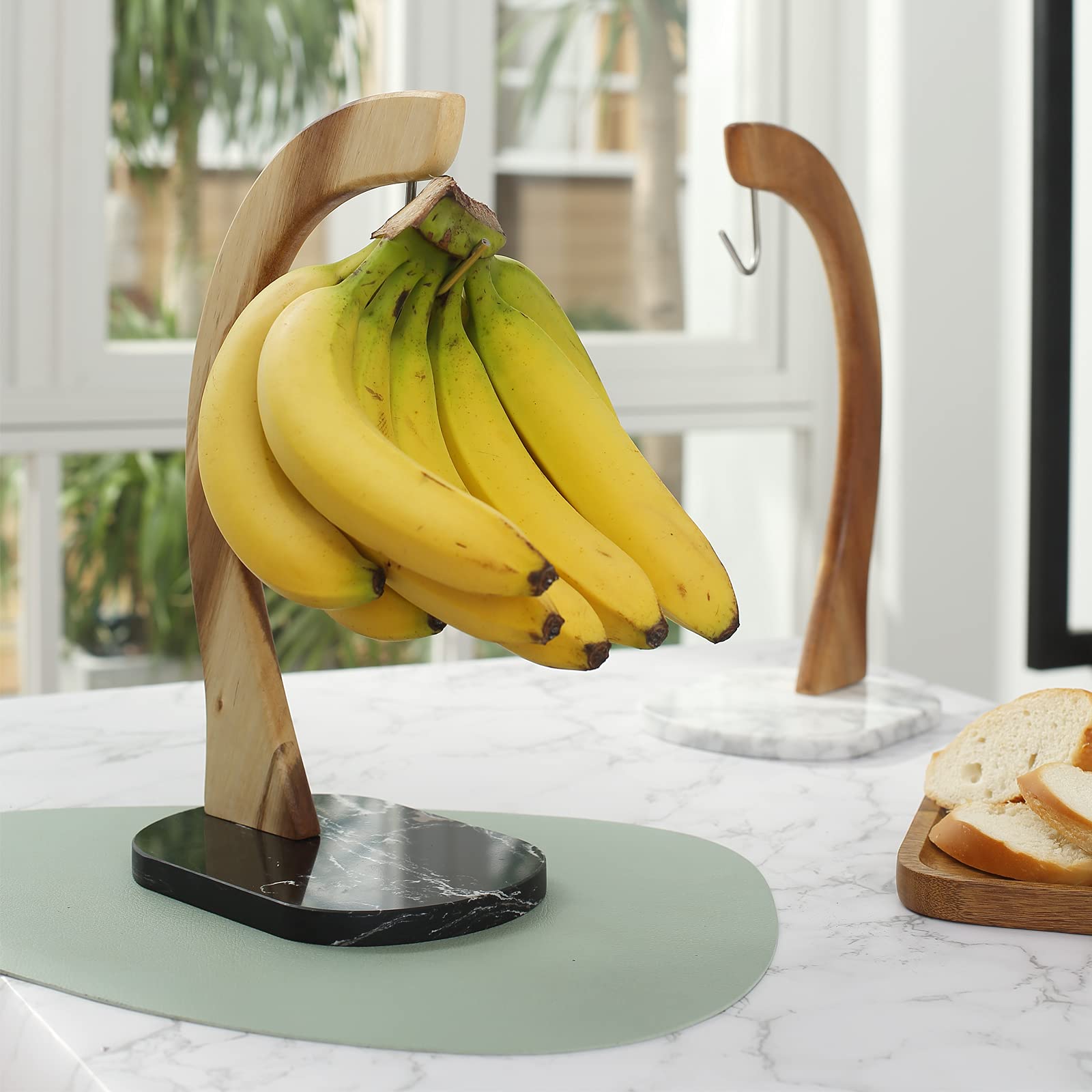 everous Banana Hanger Marble Base,Modern Banana Holder Tree Stand with Hook for Home or Bar (Black)