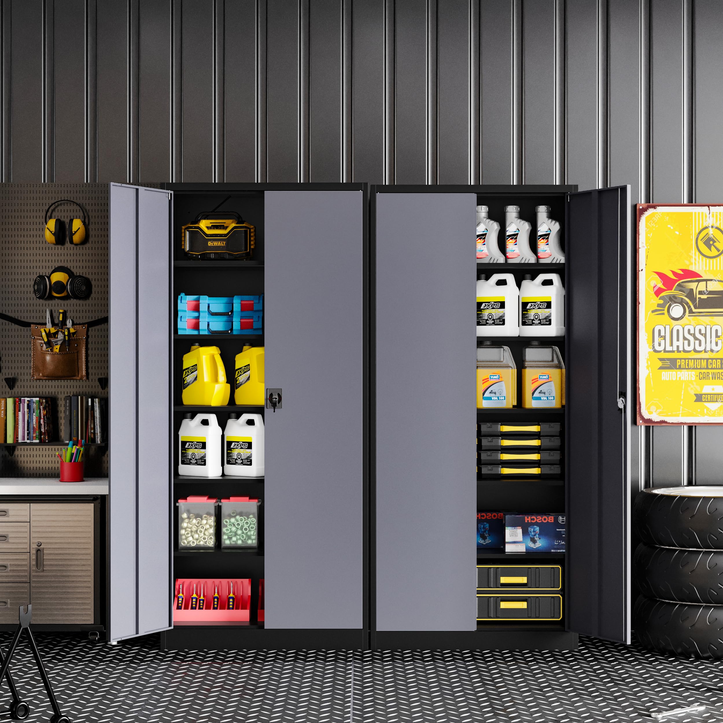 BYNSOE Garage Storage Cabinet with 5 Adjustable Shelves Metal Storage Cabinets with Locking Door, Steel Classic Storage Cabinet for Home, School, Office, Garage (Black Gray-Style 1)