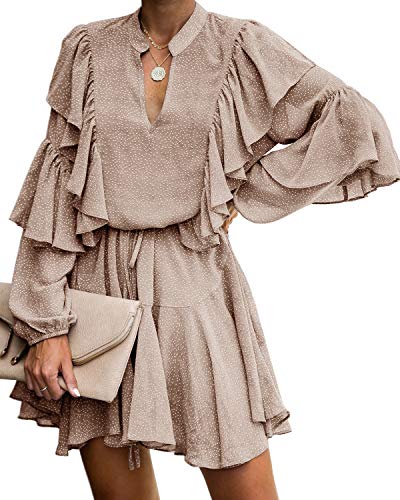 MITILLY Women's Elegant Long Sleeve Dresses V Neck High Waist Ruffle Loose Flowy Party Mini Dress with Belt Large Khaki
