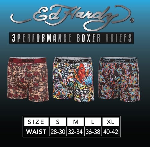 ED HARDY Men's Underwear Boxer Briefs - Comfortable, Breathable, Stylish Design 3 Pack, Dragon, Skulls, Tiger, Medium