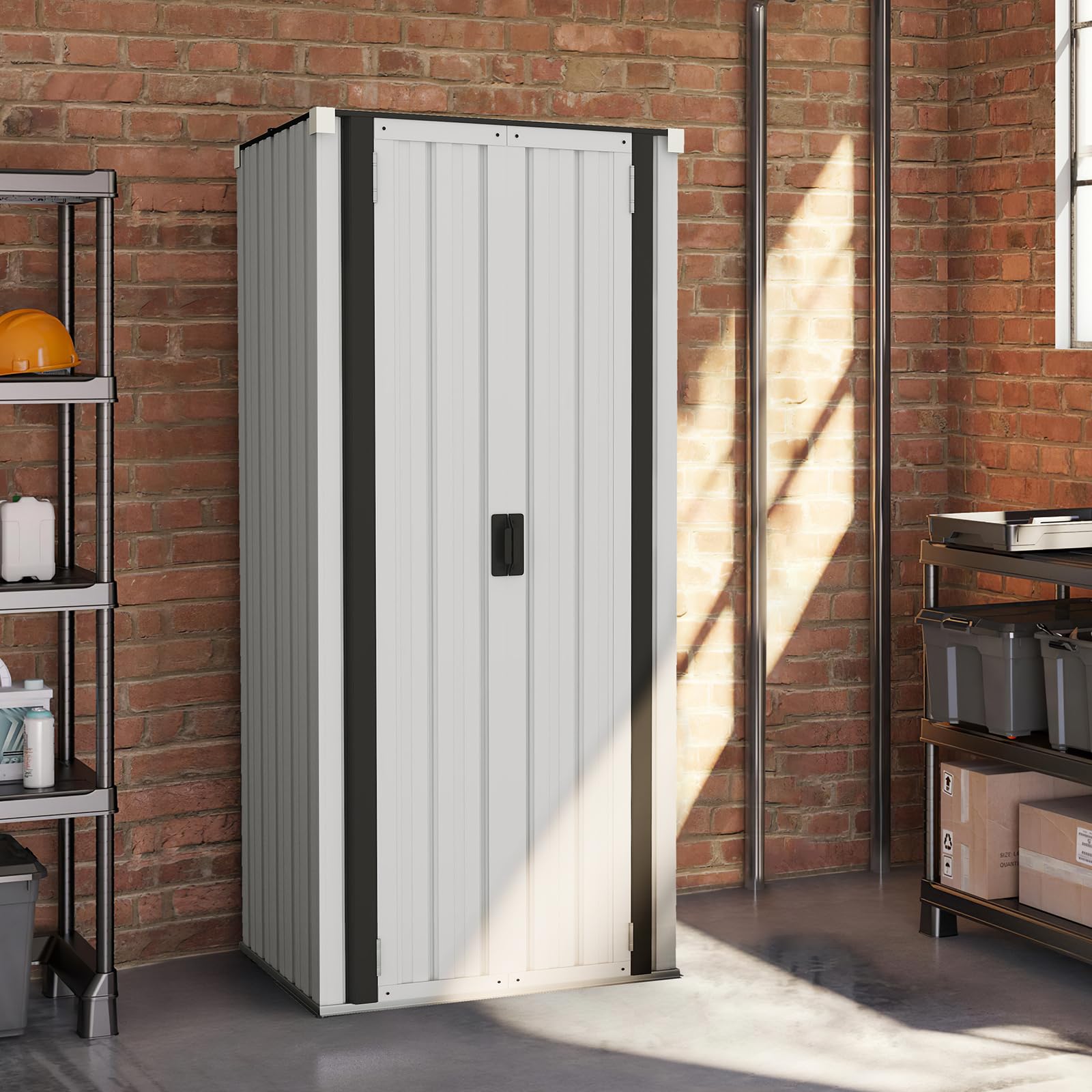AECOJOY Outdoor Storage Cabinet Waterproof with Adjustable Shelves, Lockable Metal Outdoor Garden Storage Shed Organizer, Versatile for Garage, Backyard, or Indoor Use in White