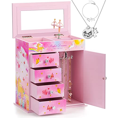 efubaby Musical Jewelry Box for Girls 5-Layer with Swing Door Spinning Ballerina Unicorn Theme Included Unicorn Jewelry Set Kids Birthday Gift for Girls Music Box Christmas Gifts Colorful