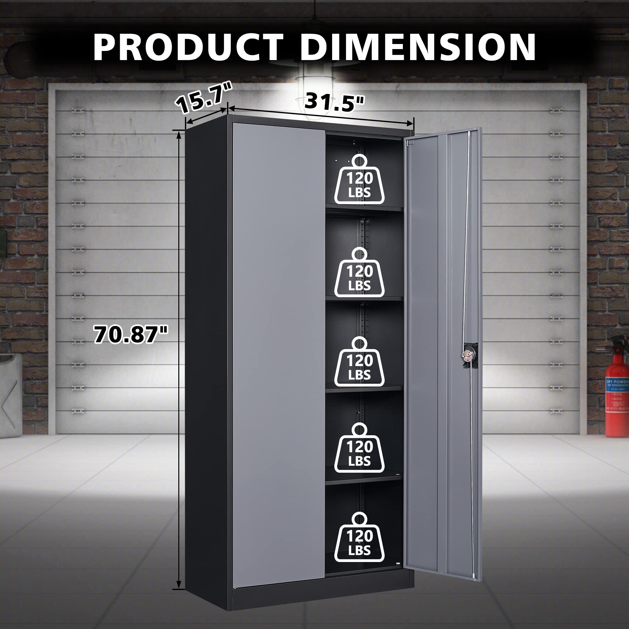 BYNSOE Garage Storage Cabinet with 5 Adjustable Shelves Metal Storage Cabinets with Locking Door, Steel Classic Storage Cabinet for Home, School, Office, Garage (Black Gray-Style 1)