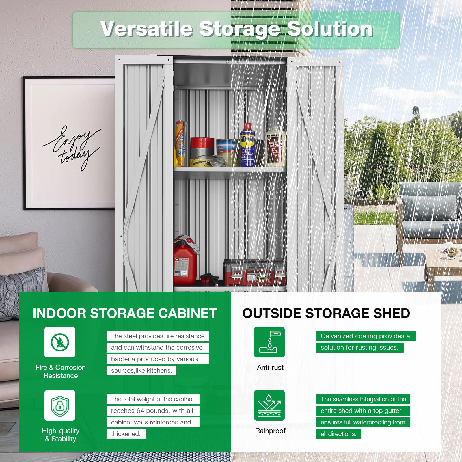 AECOJOY Outdoor Storage Cabinet Waterproof with Adjustable Shelves, Lockable Metal Outdoor Garden Storage Shed Organizer, Versatile for Garage, Backyard, or Indoor Use in White