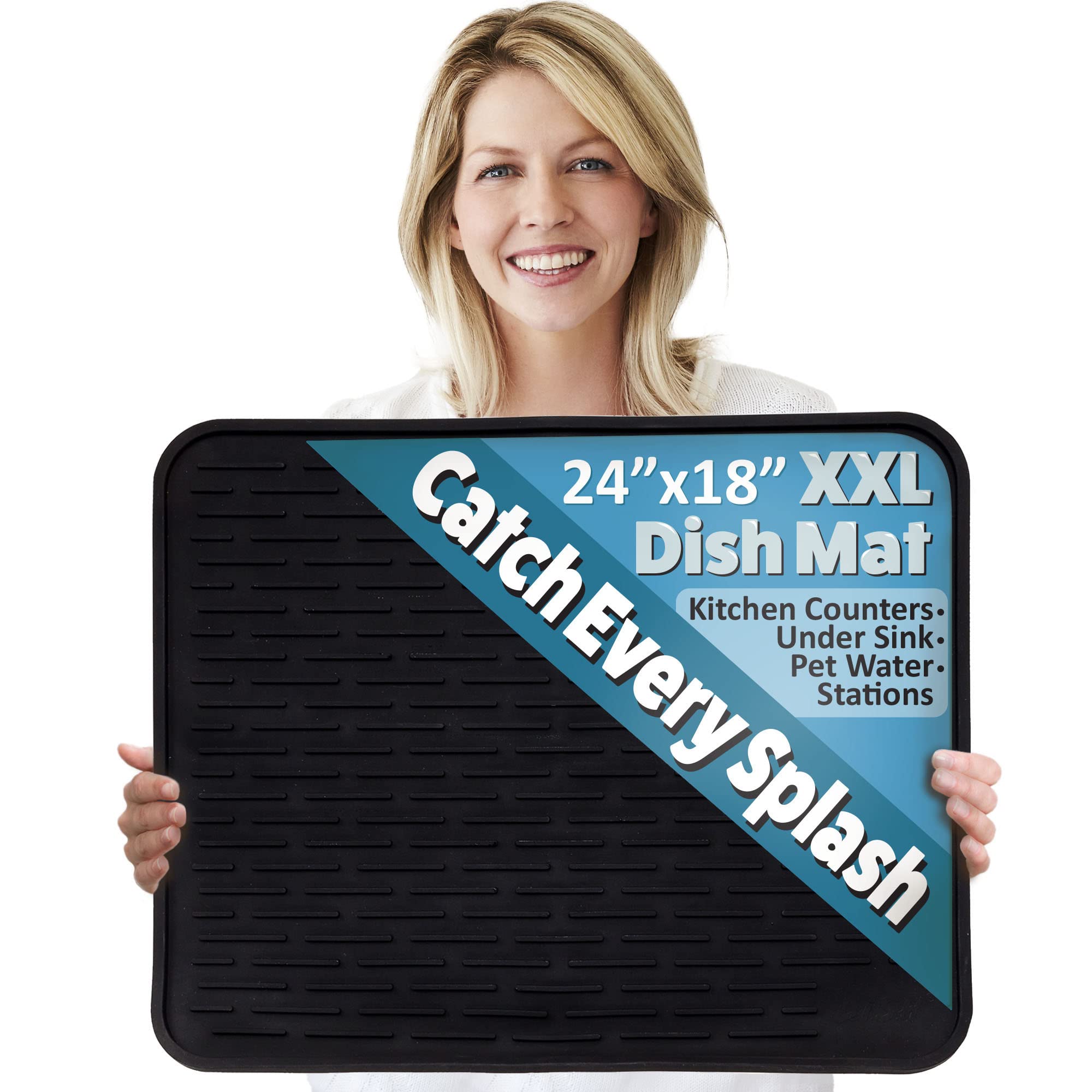 XXL Silicone Dish Drying Mat for Kitchen Counter or Under Sink, 24" x 18" Extra Large, Waterproof Pet Feeding Mat, Dog Food, Water Bowls, Under Drying Racks for Dishes, Coffee Bars, Bar Mats (Black)